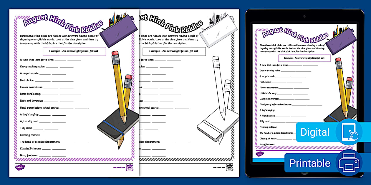 August Hink Pink Riddles Worksheet for 6th-8th Grade