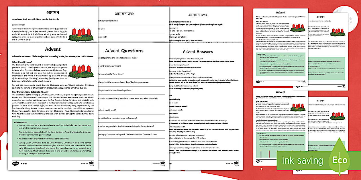 Advent KS2 Differentiated Reading Comprehension Activity English/Hindi