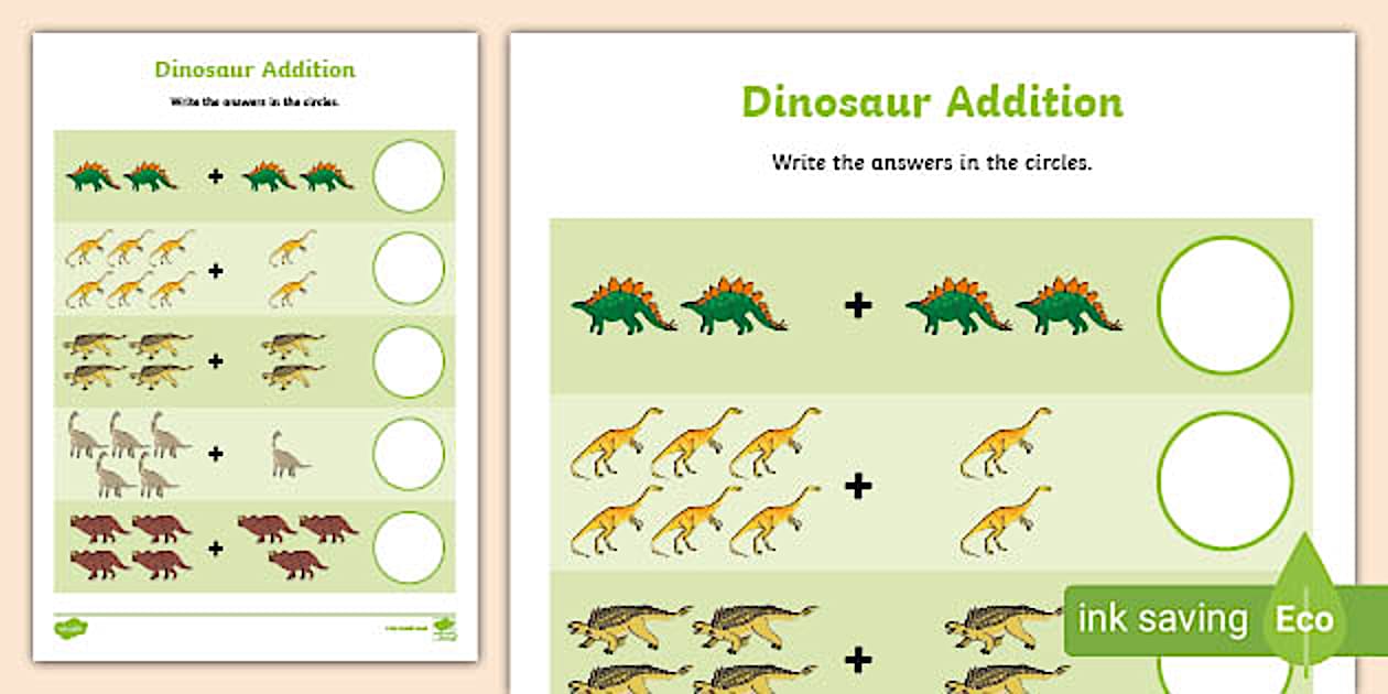 Dinosaur-Themed Addition to 10 Worksheet (teacher made)
