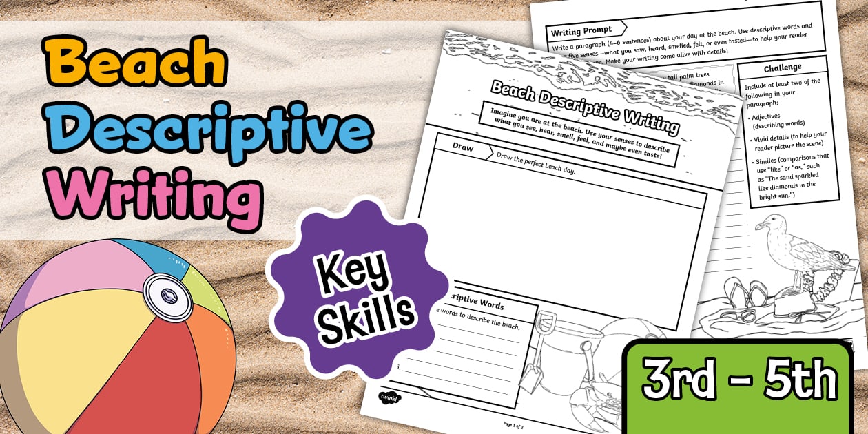 Third Grade Beach Descriptive Writing Worksheet - Twinkl
