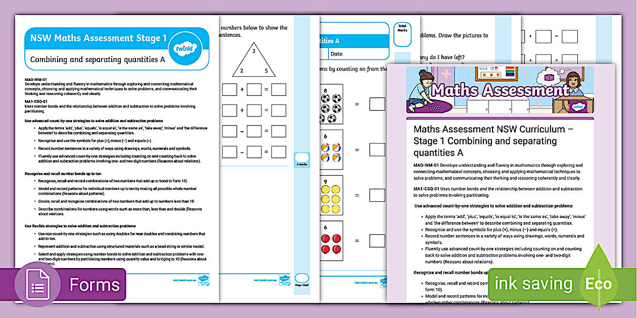 Maths Assessment NSW Curriculum – Stage 1 Combining and separating ...