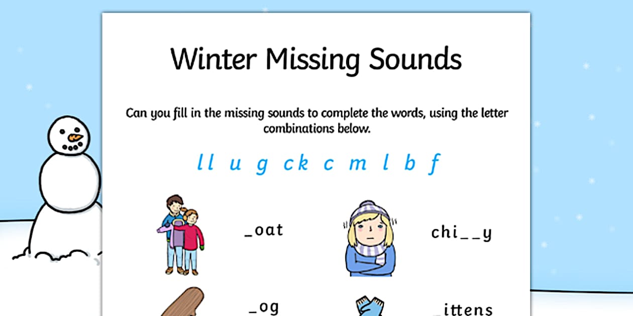 Black and White Winter Missing Sounds Worksheet - Twinkl