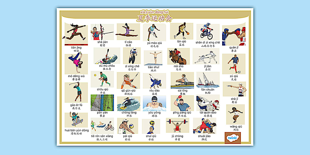 Singapore Mandarin with Pinyin 2024 Paris Summer Games Events Word Mat