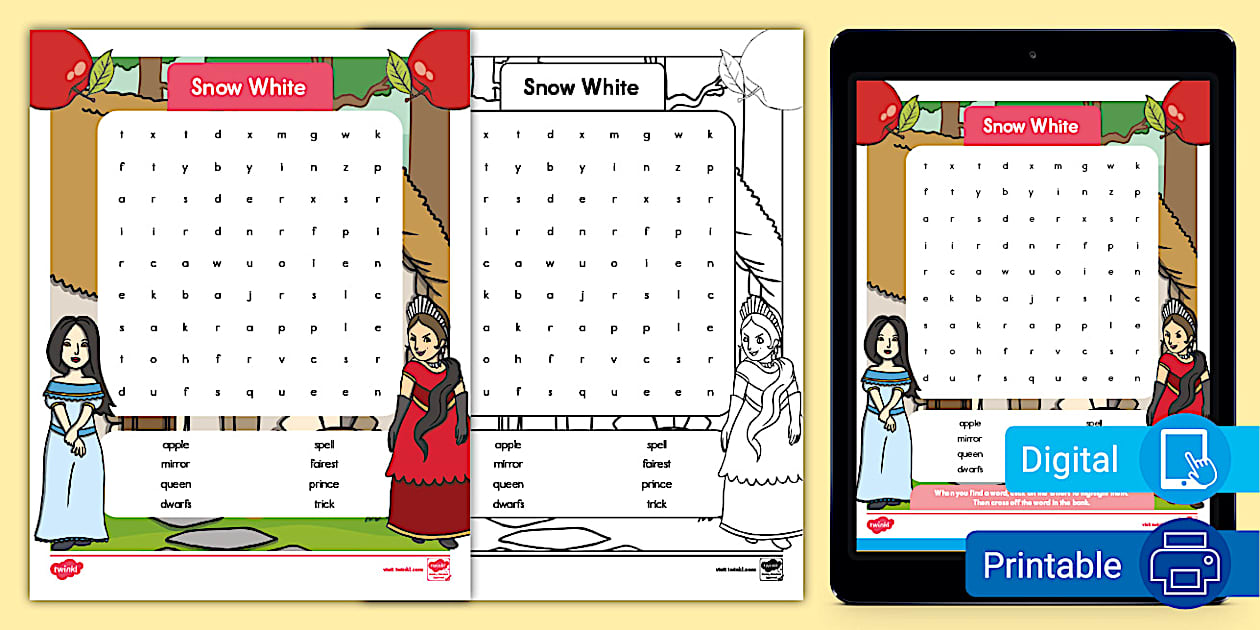 Snow White Fairy Tale Word Search for K-2nd Grade