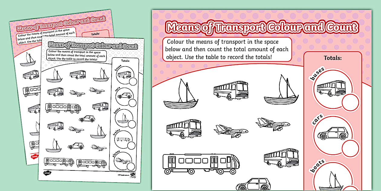 Means of Transport Colour and Count Worksheet - Twinkl