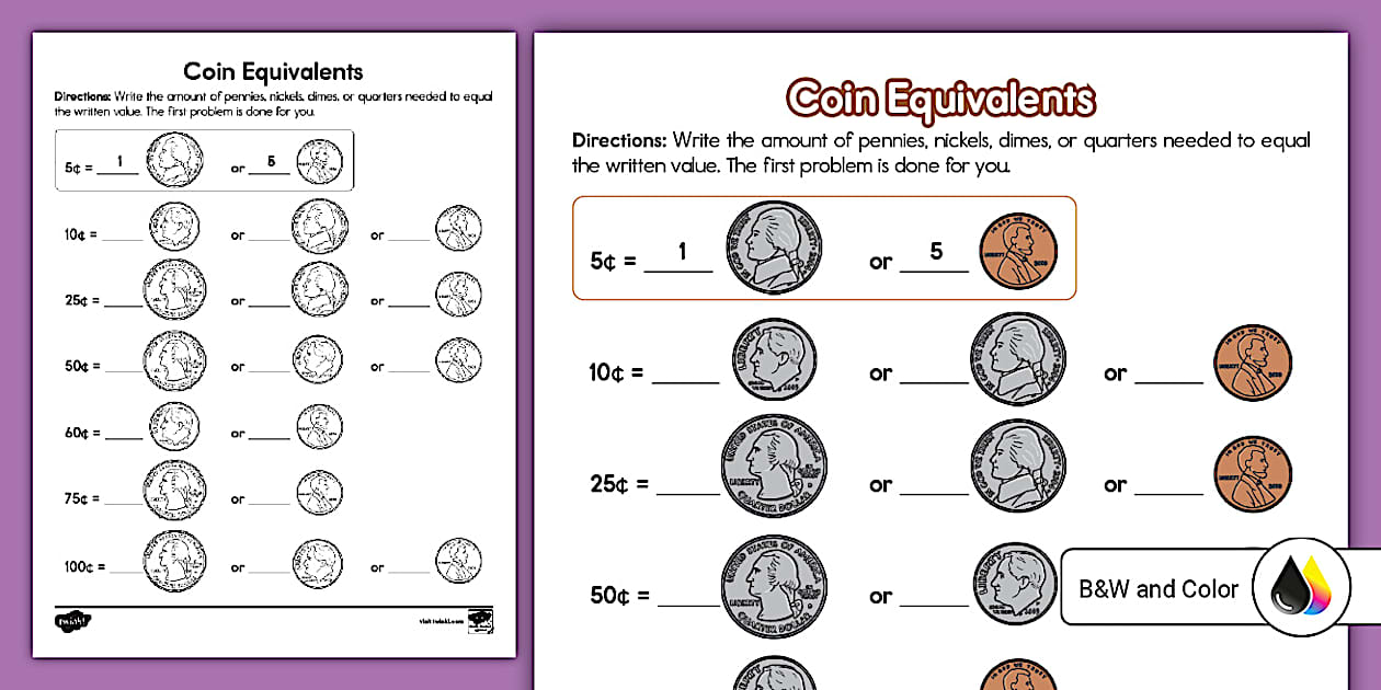 Second Grade Coin Equivalents Worksheet | Twinkl USA