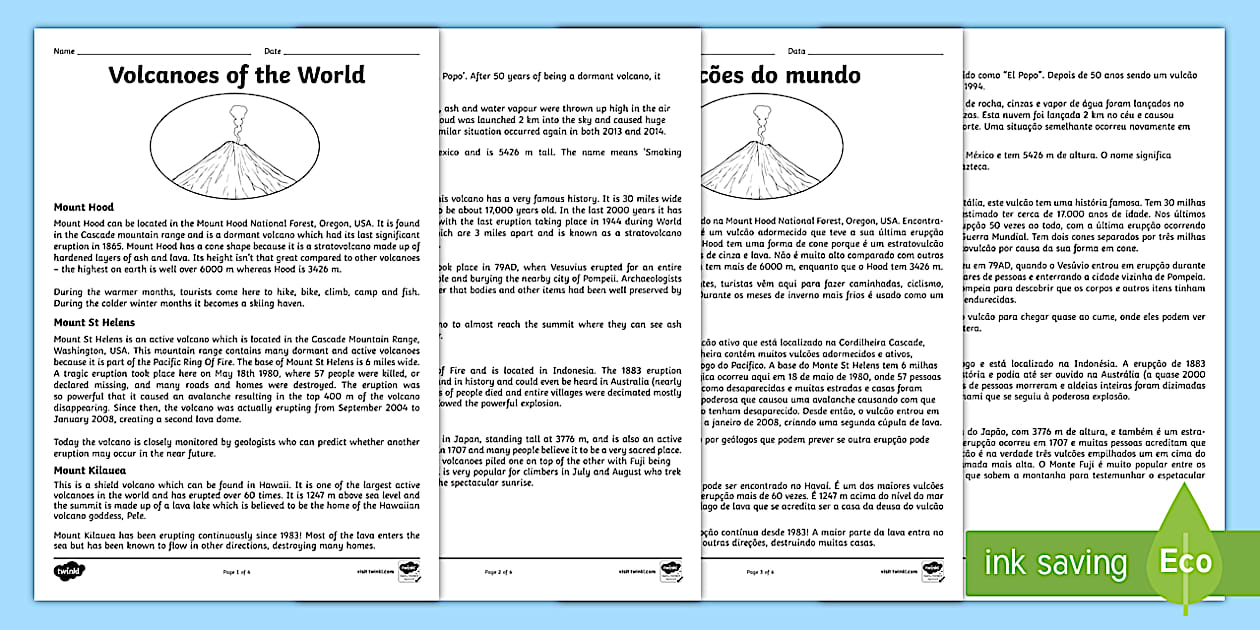 World Volcanoes Reading Comprehension Activity English/Portuguese