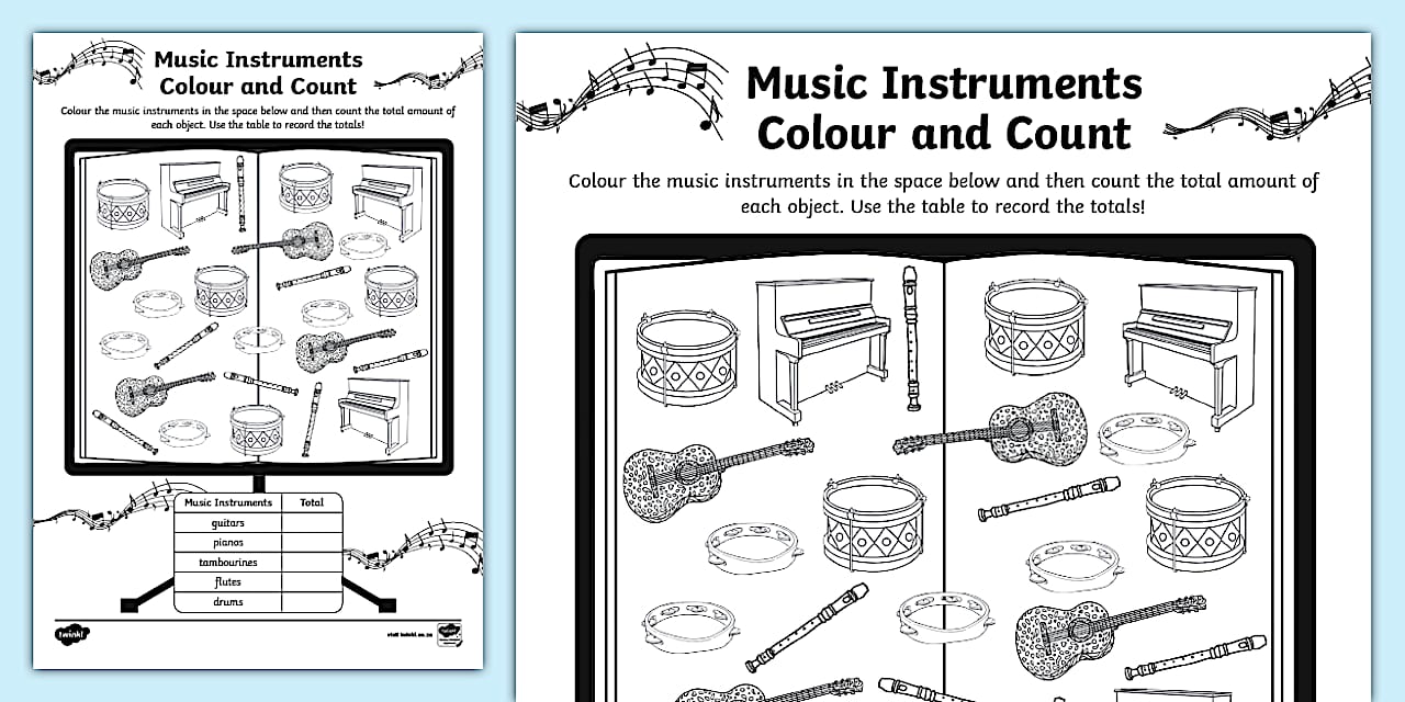 Music Instruments Colour and Count Worksheet (teacher made)