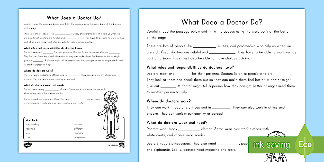 Second Grade What Does a Doctor Do? Cloze Reading Worksheet