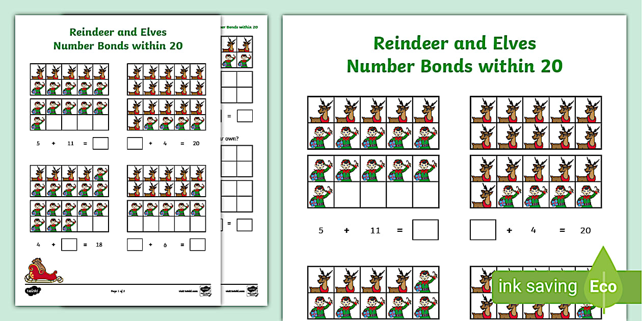 👉 Reindeer and Elves Number Bonds within 20 Activity Sheet