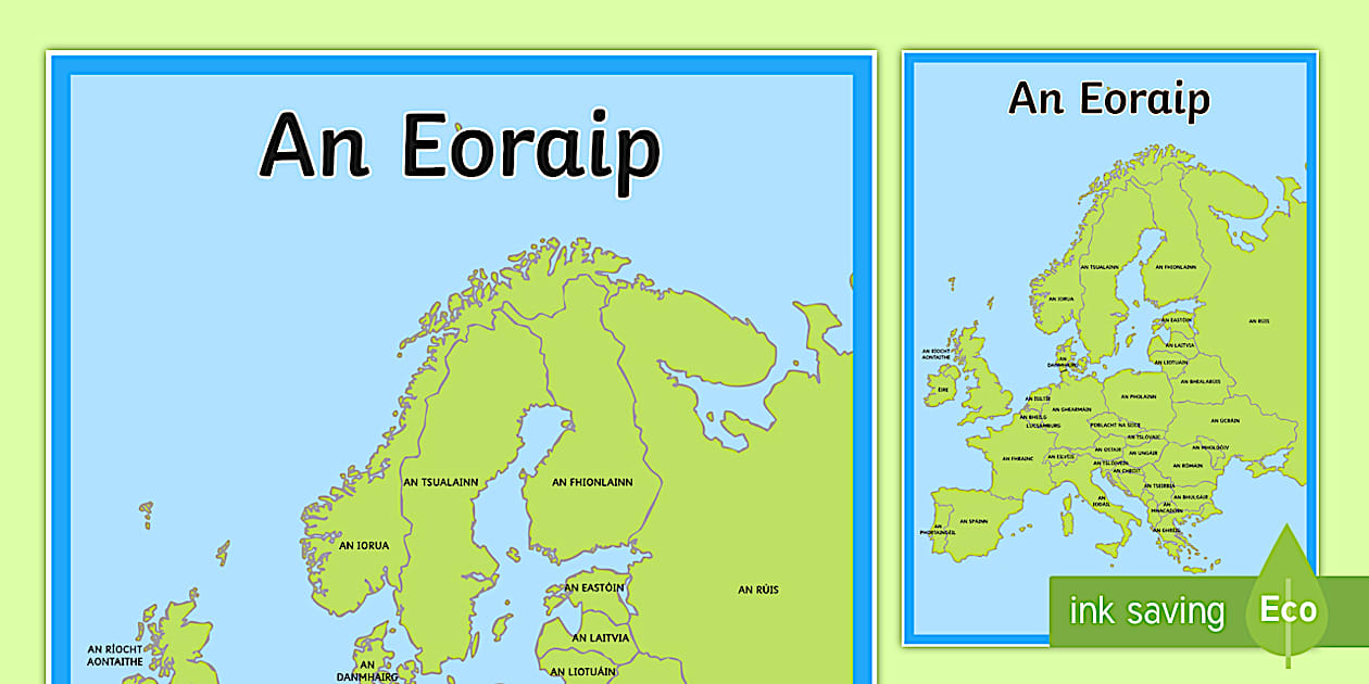 Dyslexic Irish Map of Europe Display Poster Gaeilge - Twinkl