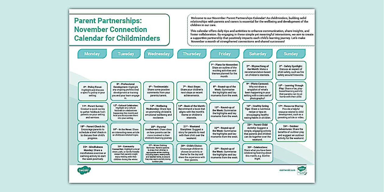 Parent Partnerships: November Connection Calendar for Childminders