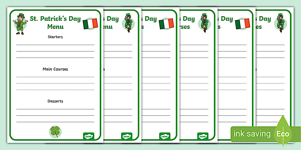 St. Patrick's Day Menu Writing Frame (Teacher-Made) - Twinkl