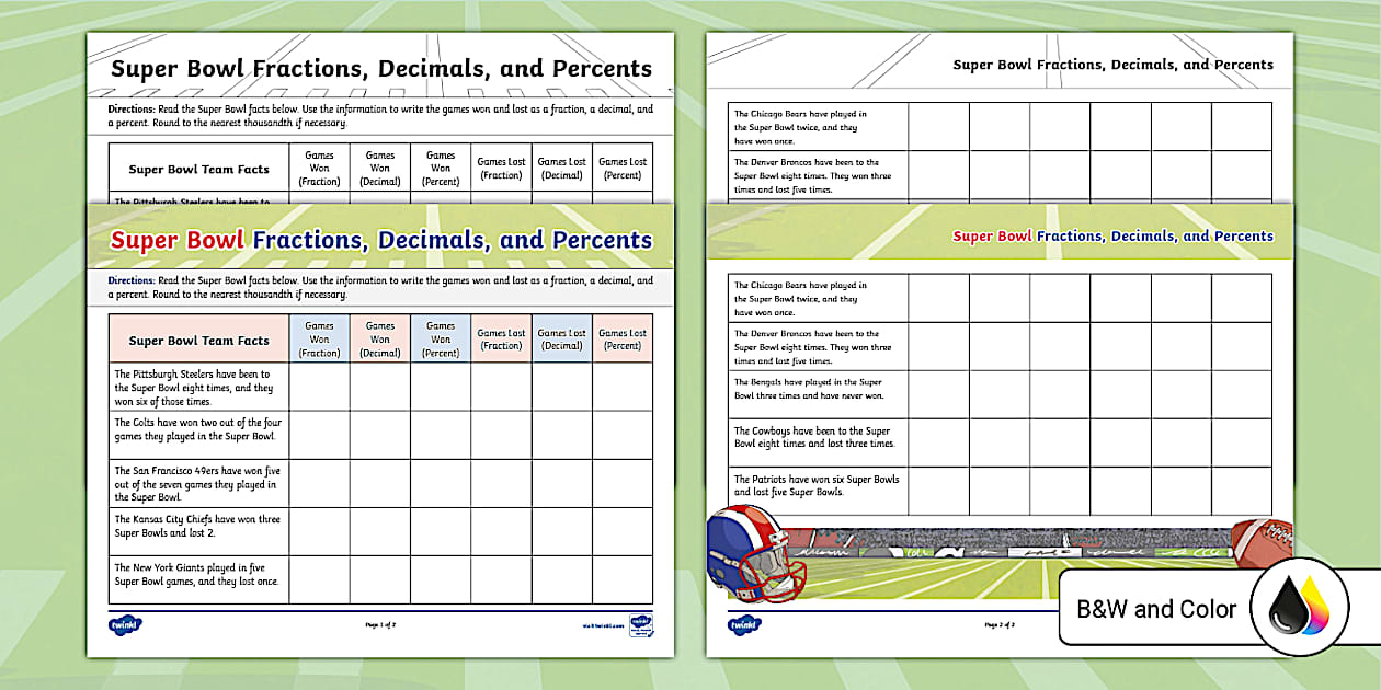 Sixth Grade Super Bowl Fraction, Decimal, and Percent Worksheet