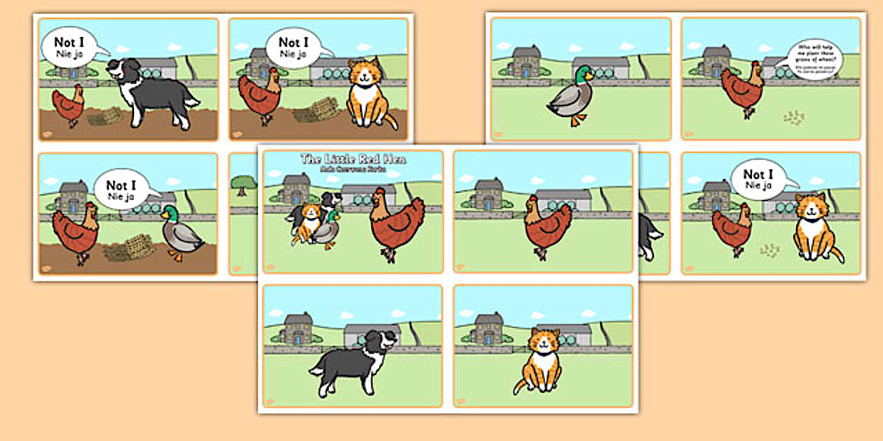 Black and White The Little Red Hen Story Sequencing 4 per A4 Speech Bubbles