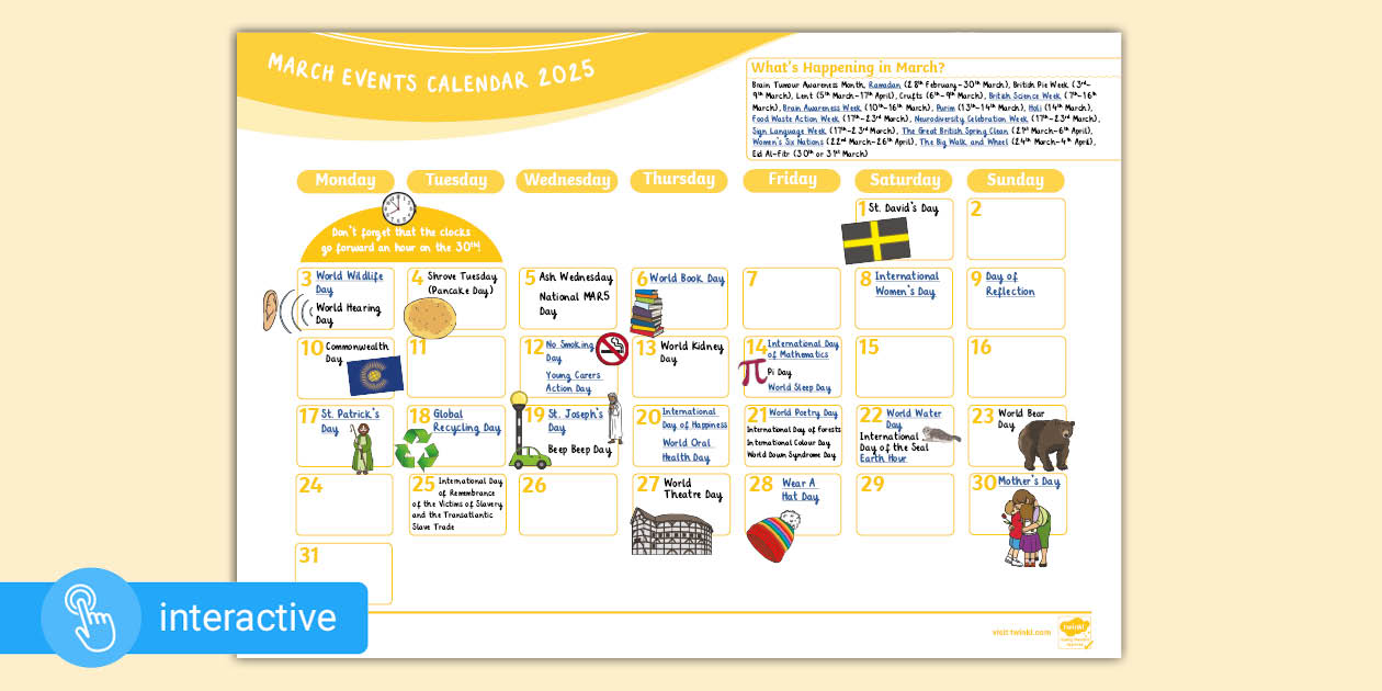 March Events Calendar 2025 (teacher made) - Twinkl