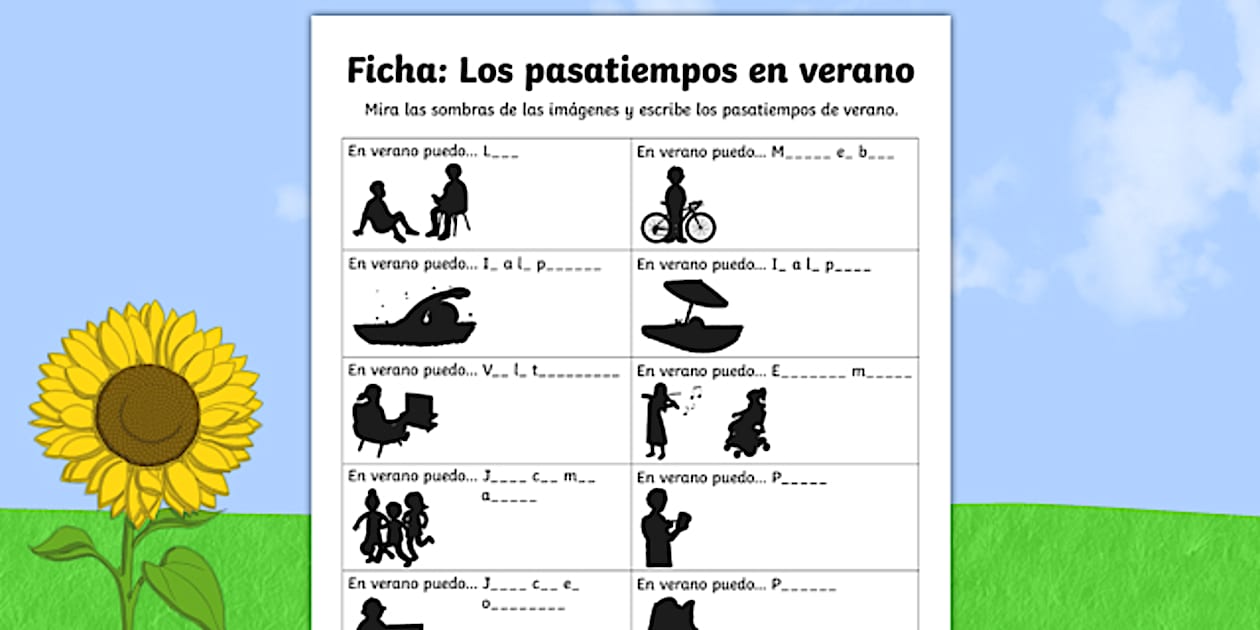 Spanish Summer Shadow Matching Worksheet (teacher made)
