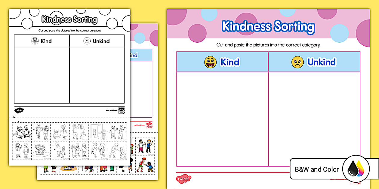 Kindness Sorting Cut and Paste Activity for K-2nd Grade