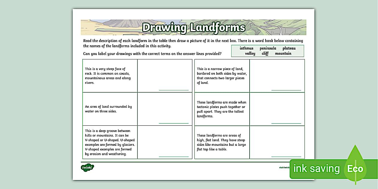 Landforms Read and Draw Activity - KS2 - Geography - Twinkl