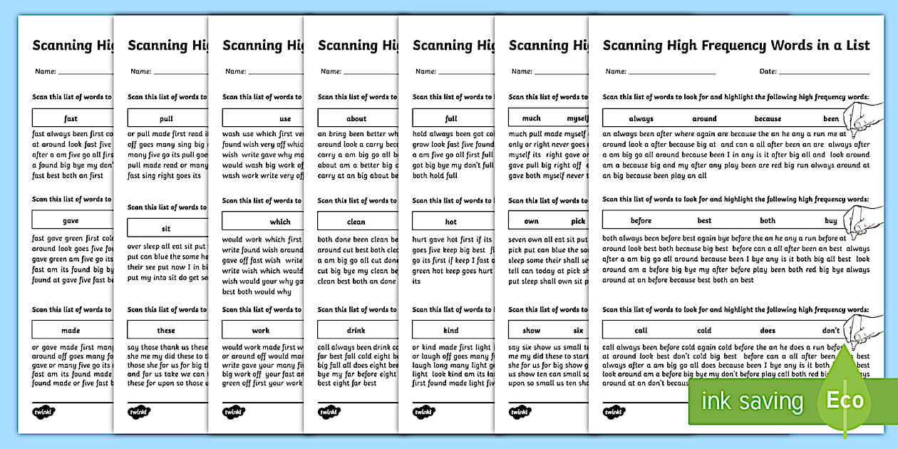 High Frequency Words in a List Scanning Worksheet - Twinkl