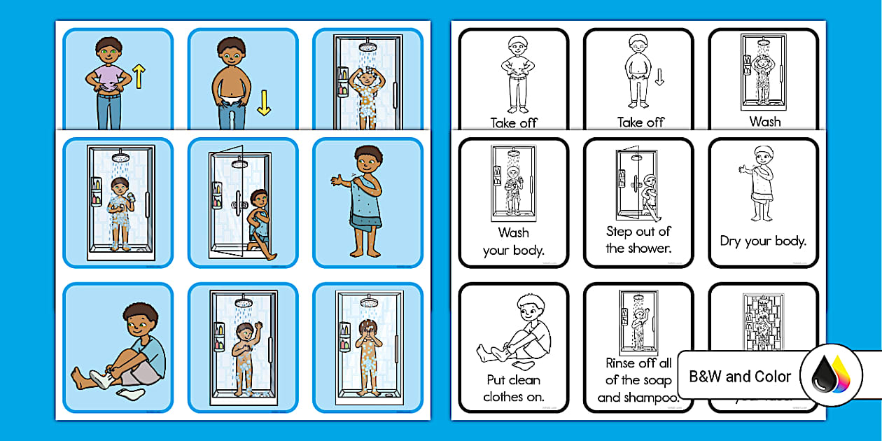 Taking a Shower Multi-step Sequencing Cards - Twinkl