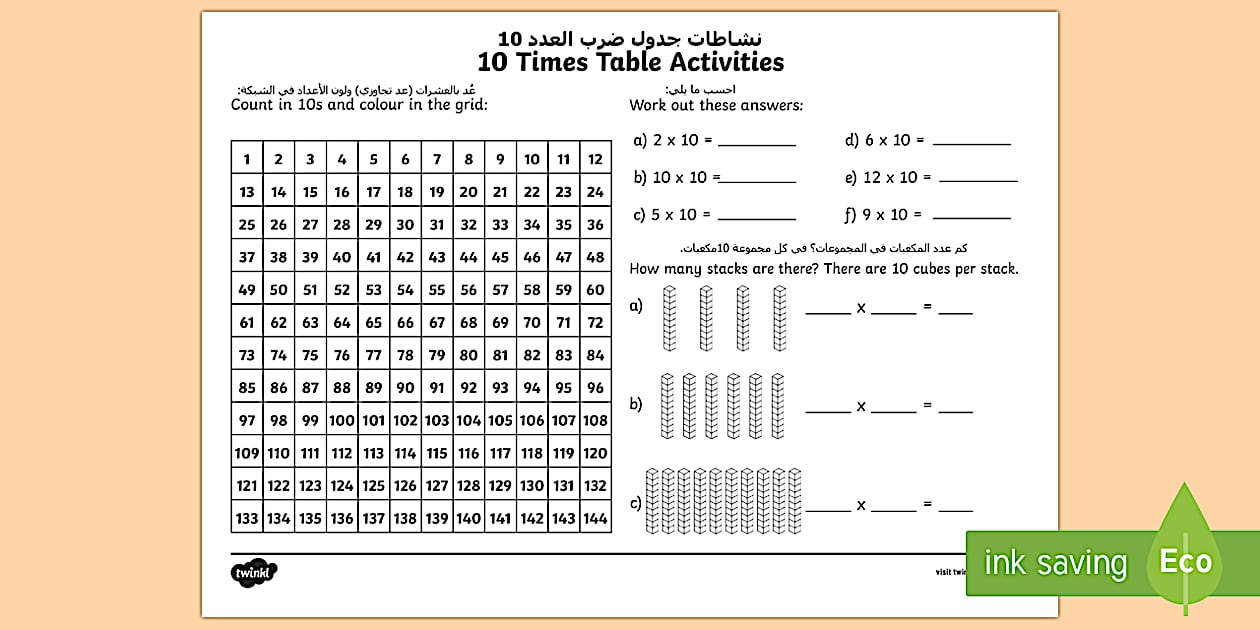10 Times Table Worksheet / Worksheet Arabic/English - 10 Times Table ...
