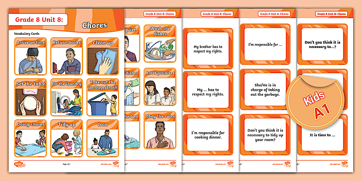 Grade 8 Unit 8 Flashcards - Chores (teacher made) - Twinkl
