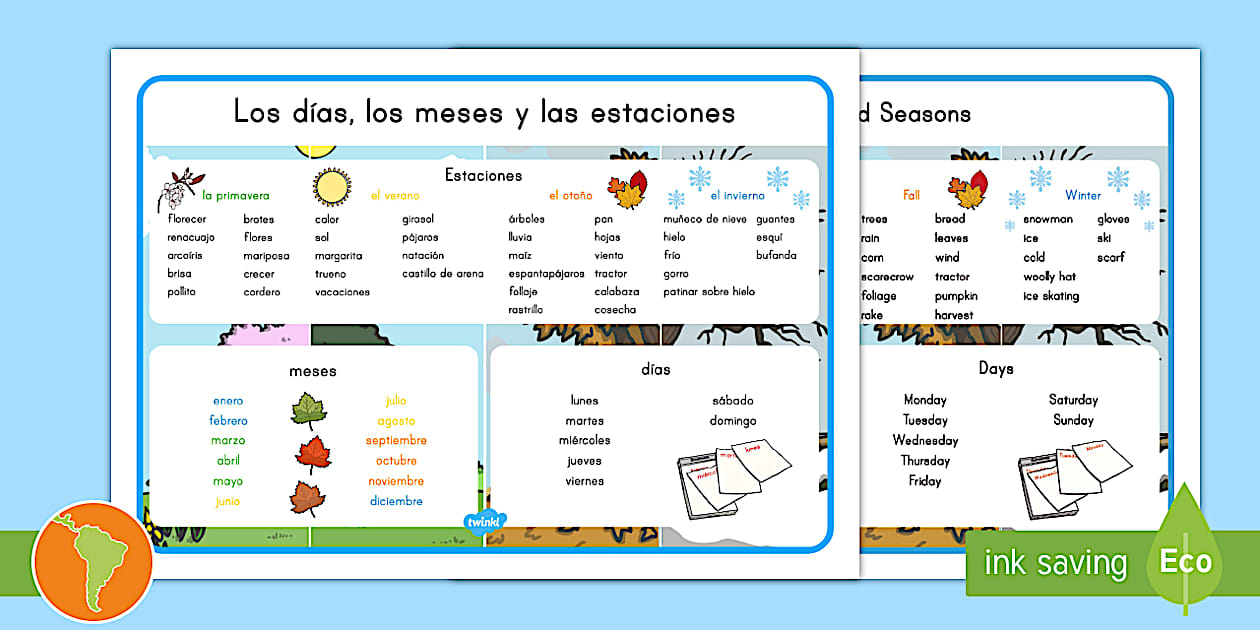 Days, Months, and Seasons Word Mat English/Spanish - Days, Months and ...