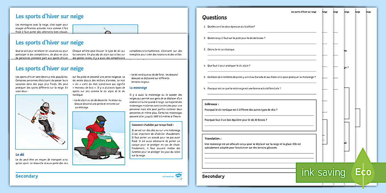 Winter Sports Differentiated Reading Comprehension Activity French