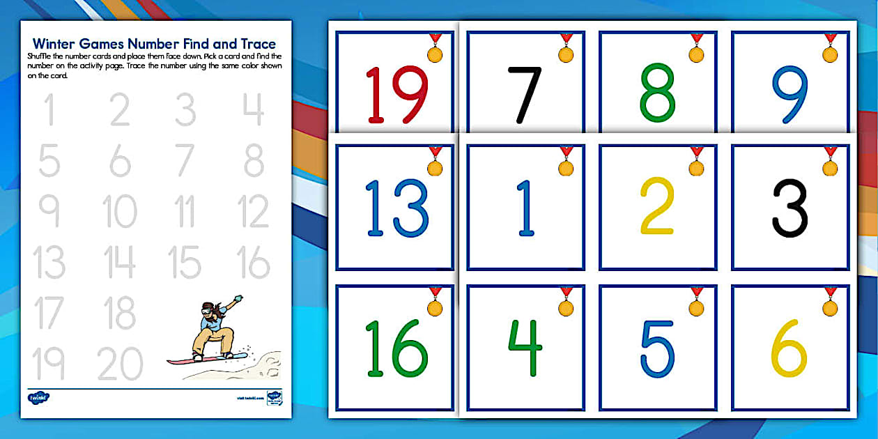 Winter Games Number Find and Trace Worksheet for PreK-K