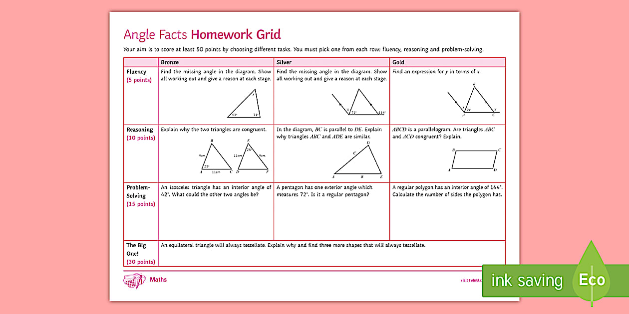 Angle Facts Worksheet: Homework Grid | KS3 Maths | Beyond