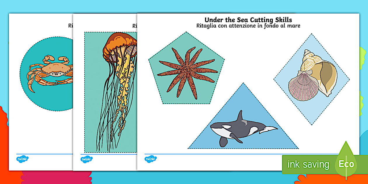 Under the Sea Themed Cutting Skills Worksheet English/Italian - Under the