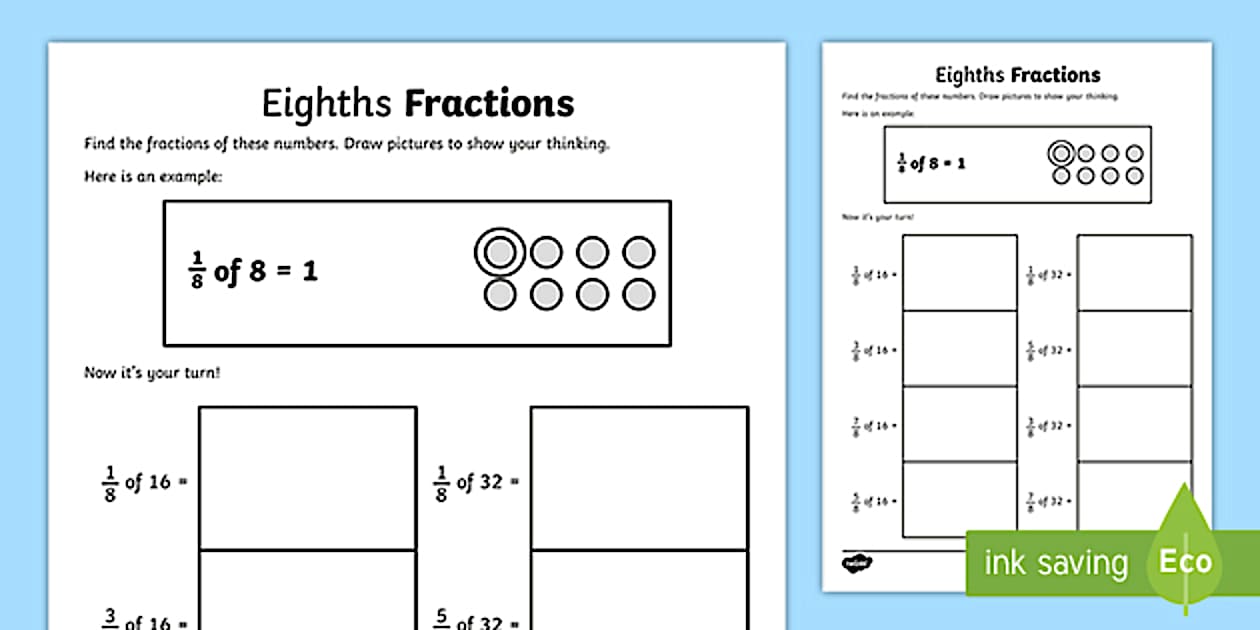 Eighths Fractions Worksheets (teacher made) - Twinkl