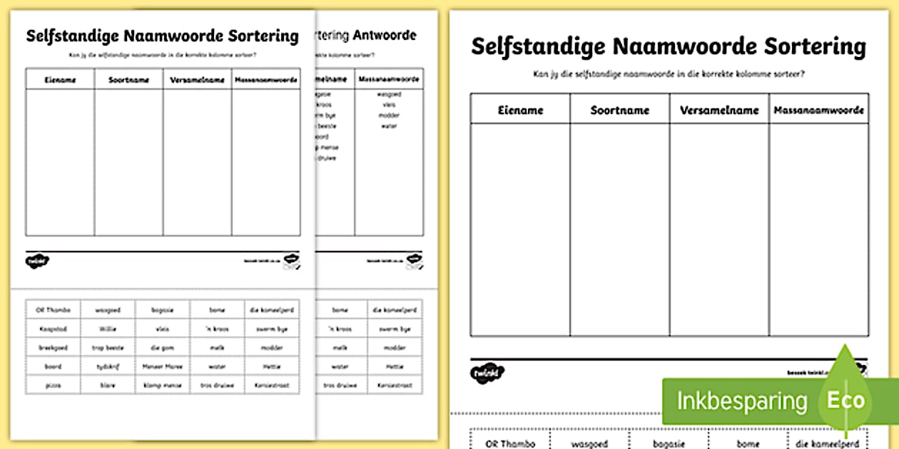 Editable Selfstandige Naamwoorde Sorteer Aktiwiteit - Twinkl