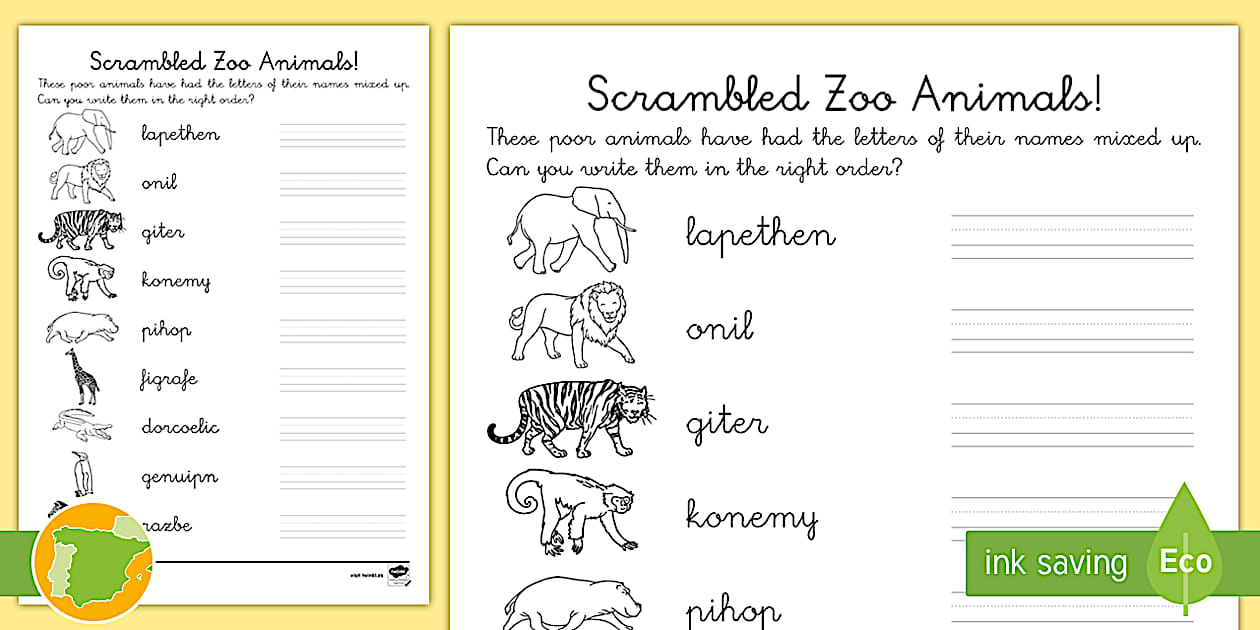 A1 Ficha de actividad: Ordena y escribe animales del zoo en inglés