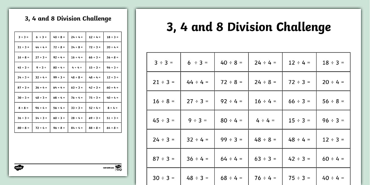 👉 3,4 and 8 Division Challenge Worksheet - Twinkl
