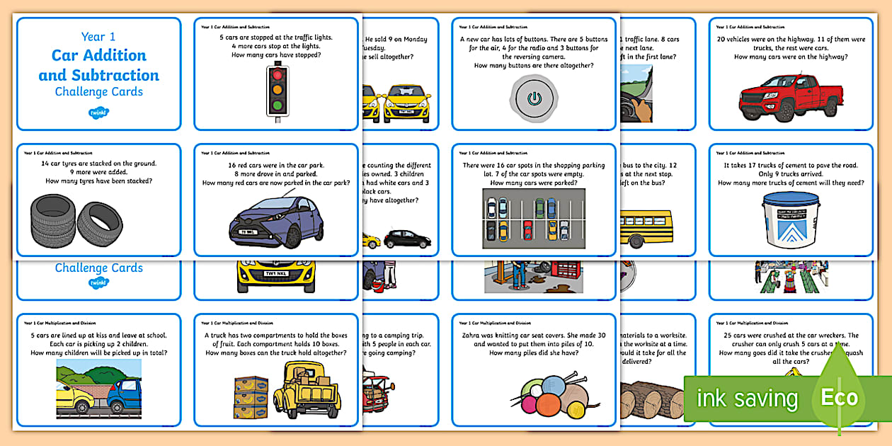 Year 1 Car Themed Maths Challenge Cards - Twinkl