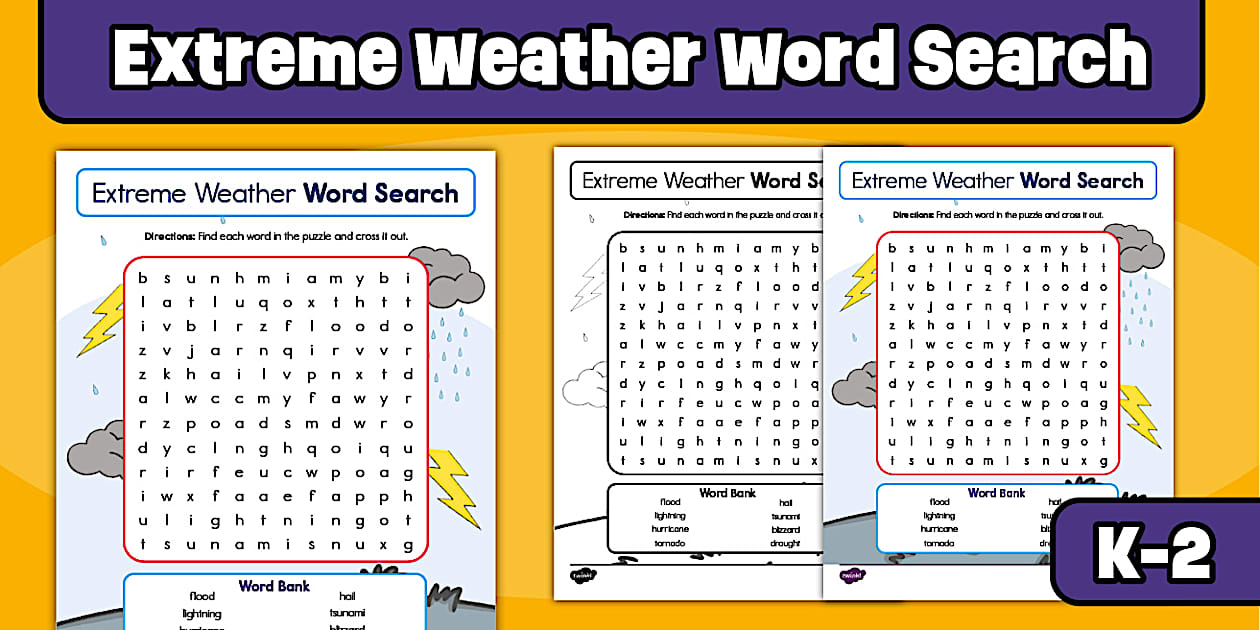 Extreme Weather Word Search for K-2nd Grade