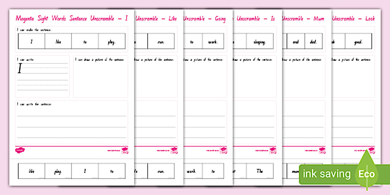 New Zealand Magenta Sight Words Sentence Unscramble