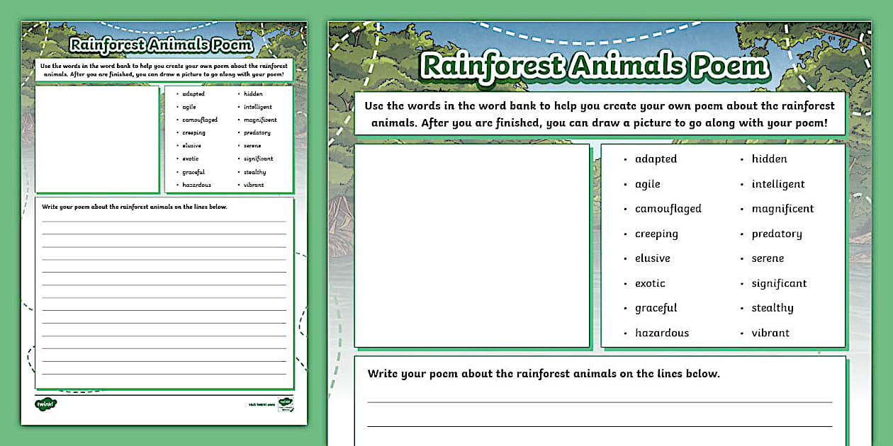 Rainforest Animals Poem Writing Template