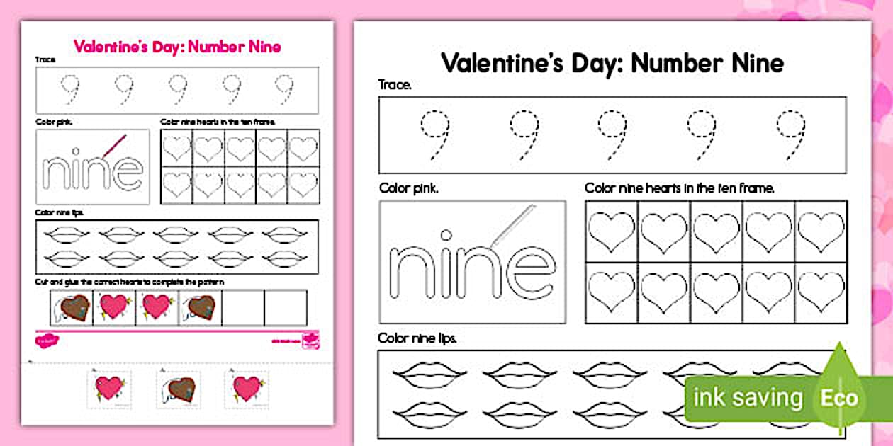 Valentine’s Day Number Nine Worksheet for Kids | Twinkl