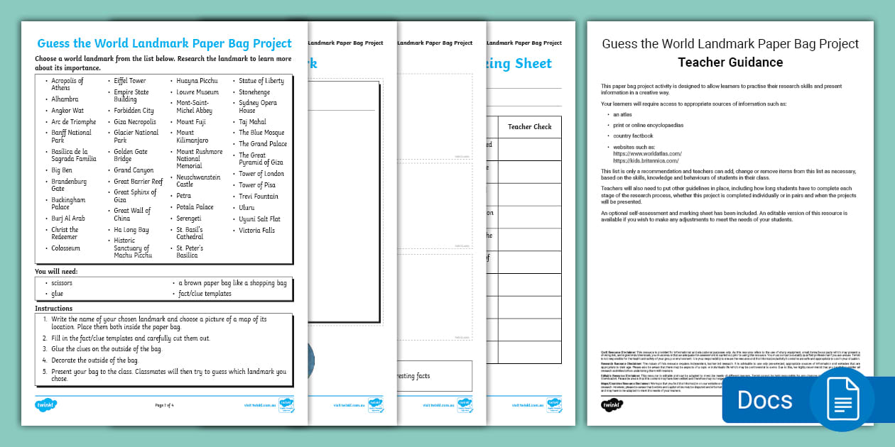 Guess the World Landmark Paper Bag Project (teacher made)