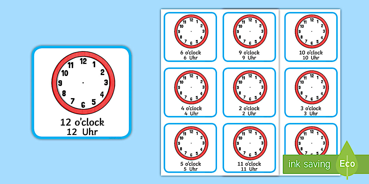 Black and White Write the Time O' Clock Cards English/German
