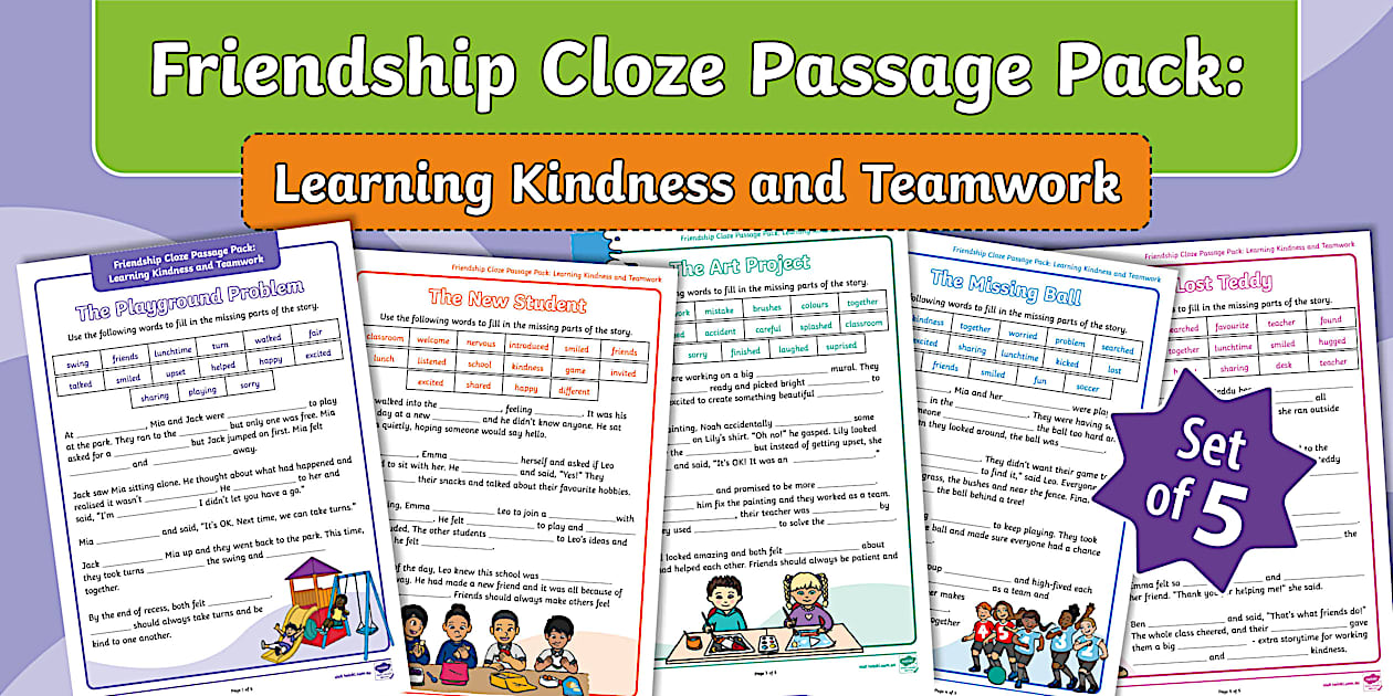 Friendship Cloze Passage Pack: Learning Kindness and Teamwork