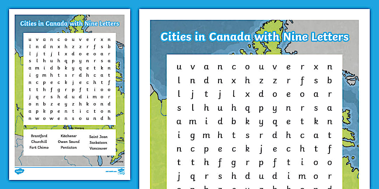 Canadian Cities with Nine Letters Word Search - Twinkl
