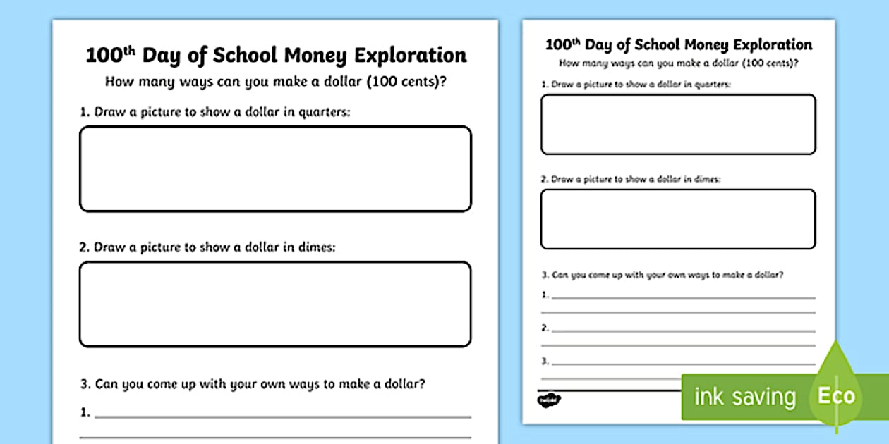 100th Day of School Money Exploration Worksheet for 3rd-5th Grade