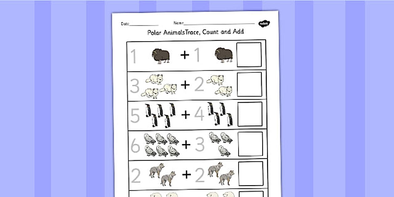 Polar Animals Trace Count and Add Worksheet (teacher made)