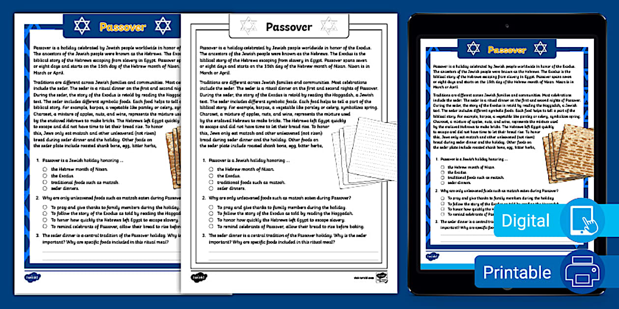 Sixth Grade Learning About Passover Comprehension Worksheet