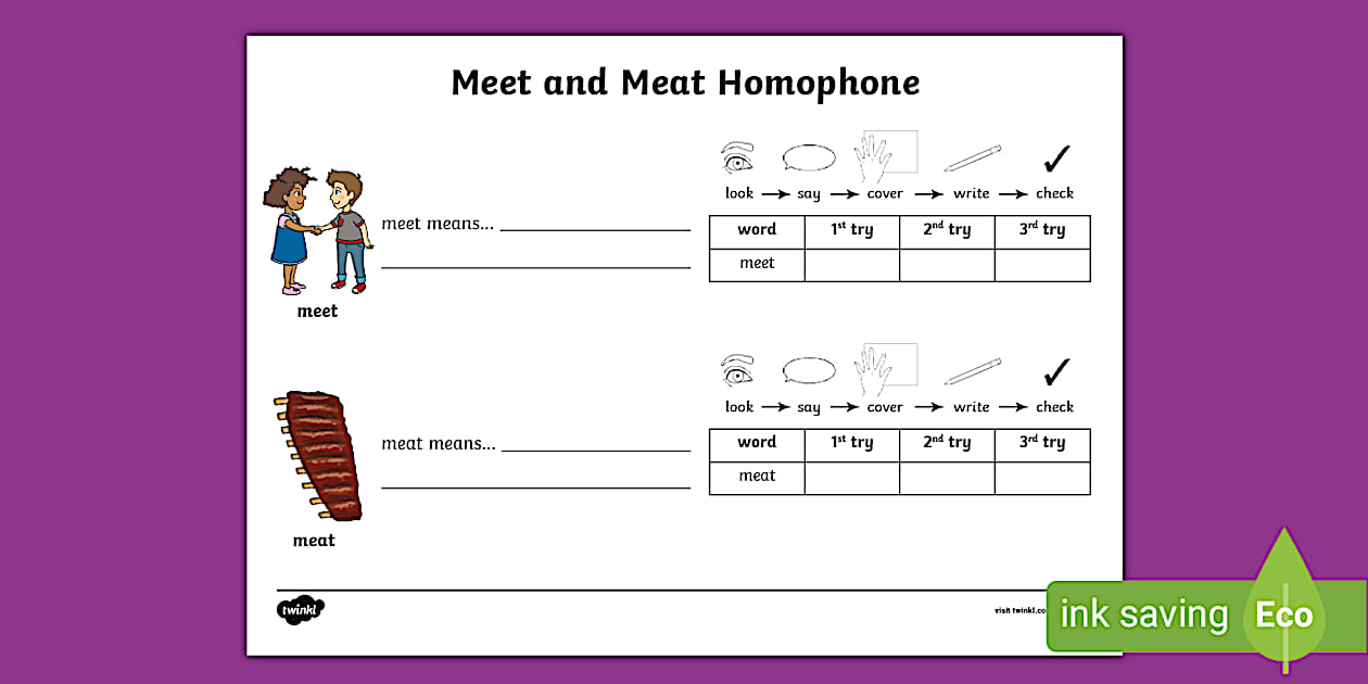 Meet and Meat Homophone Worksheet