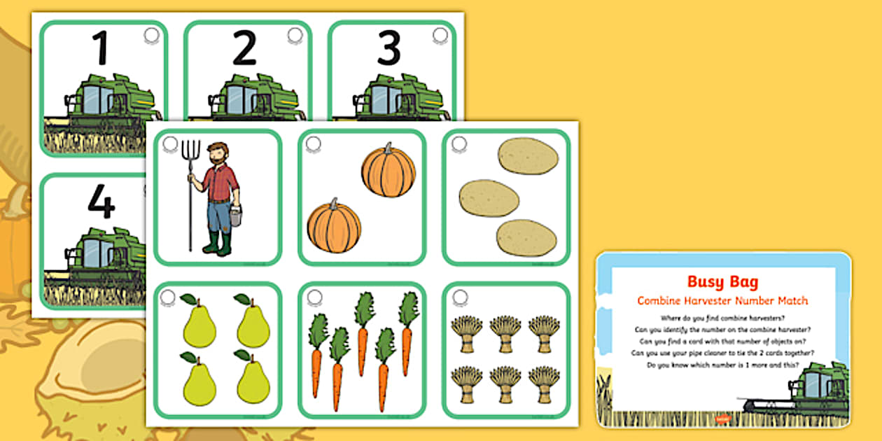 Combine Harvester Number Match Busy Bag Prompt Card and Resource Pack